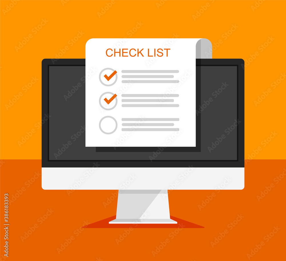 Check mark on the pages on the computer monitor. To do list concept ...