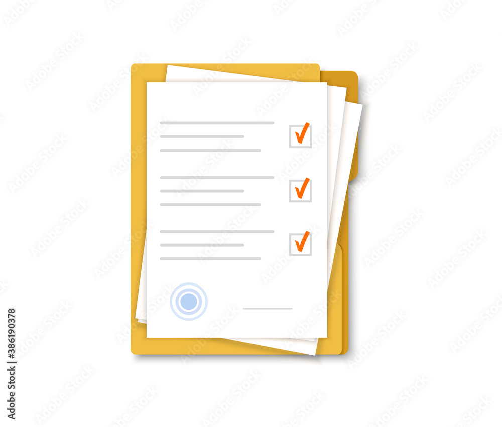 Document papers. Contract with stamp. Agreement. Checklist. Vector flat ...