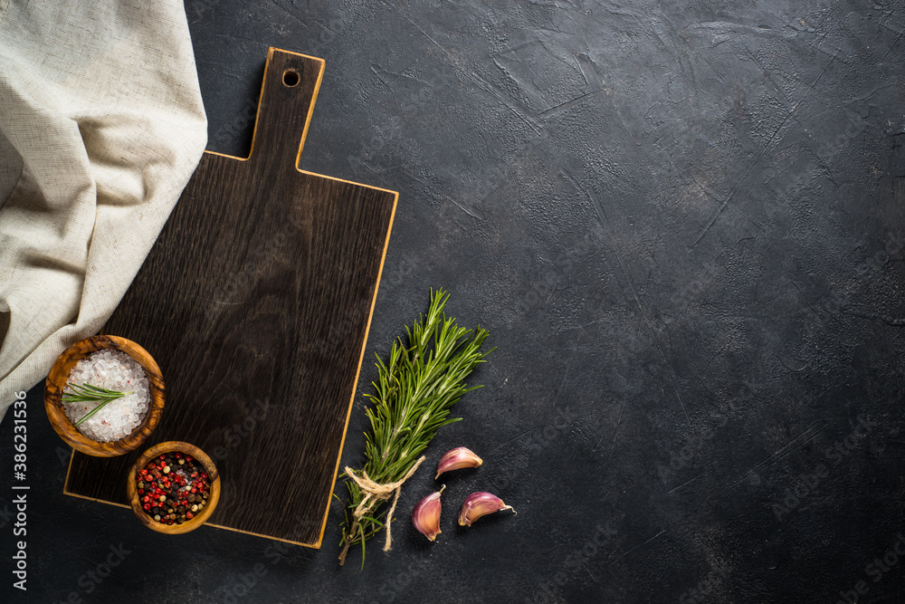 Food cooking background with herbs and spices on black. Stock Photo ...