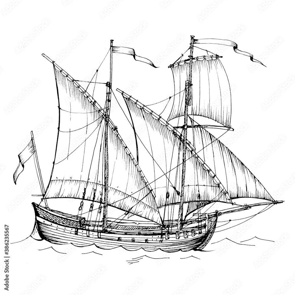 Old caravel, vintage sailboat. Hand drawn sketch. Detail of the old ...