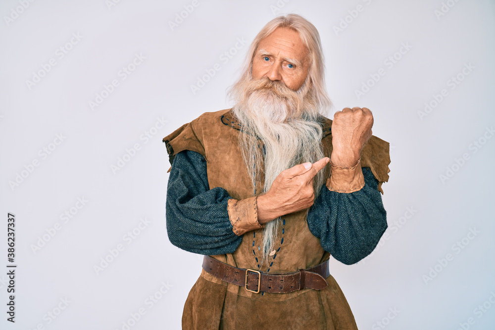 Old senior man with grey hair and long beard wearing viking traditional ...