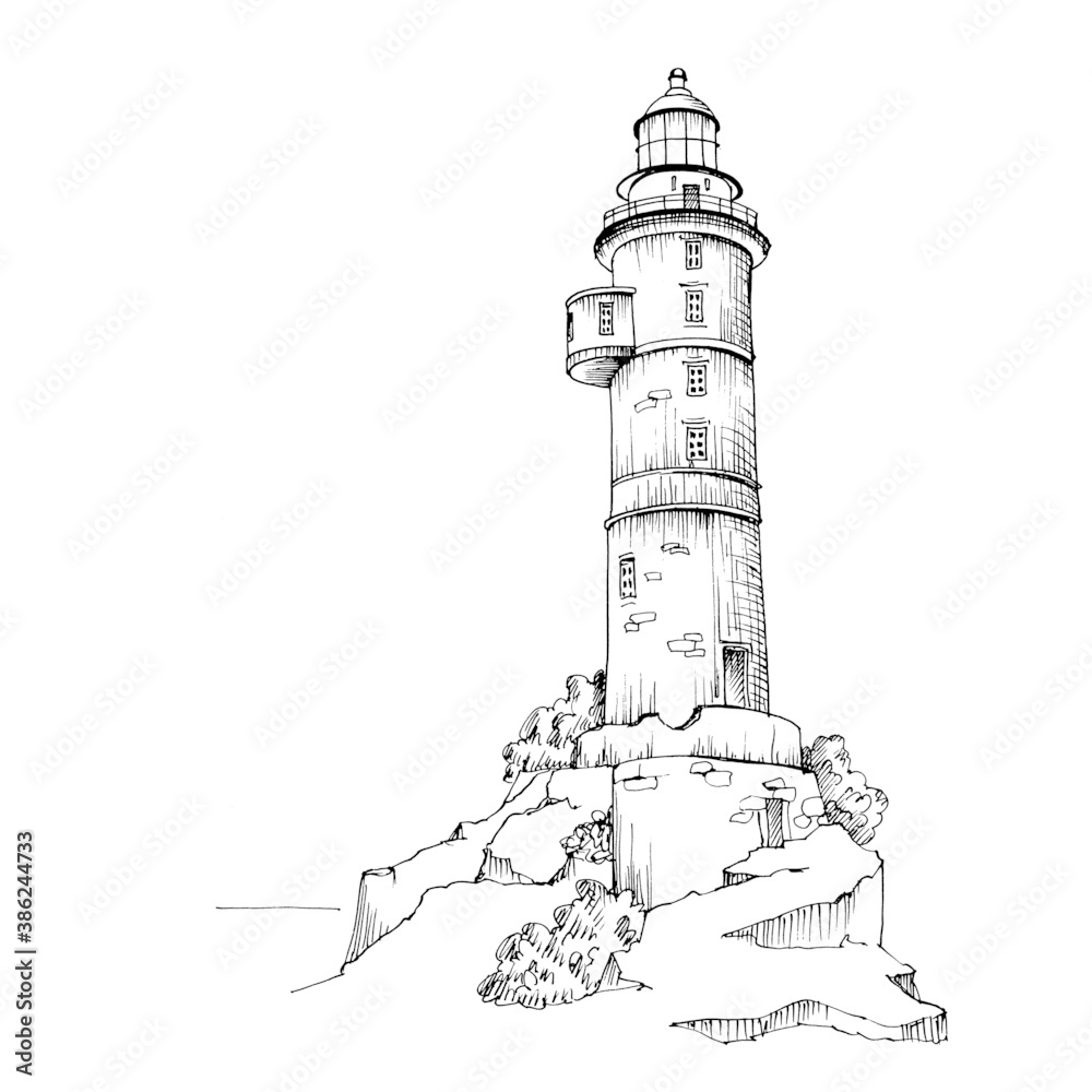 Lighthouse. Hand drawn sketch. Ancient architecture Stock Illustration ...