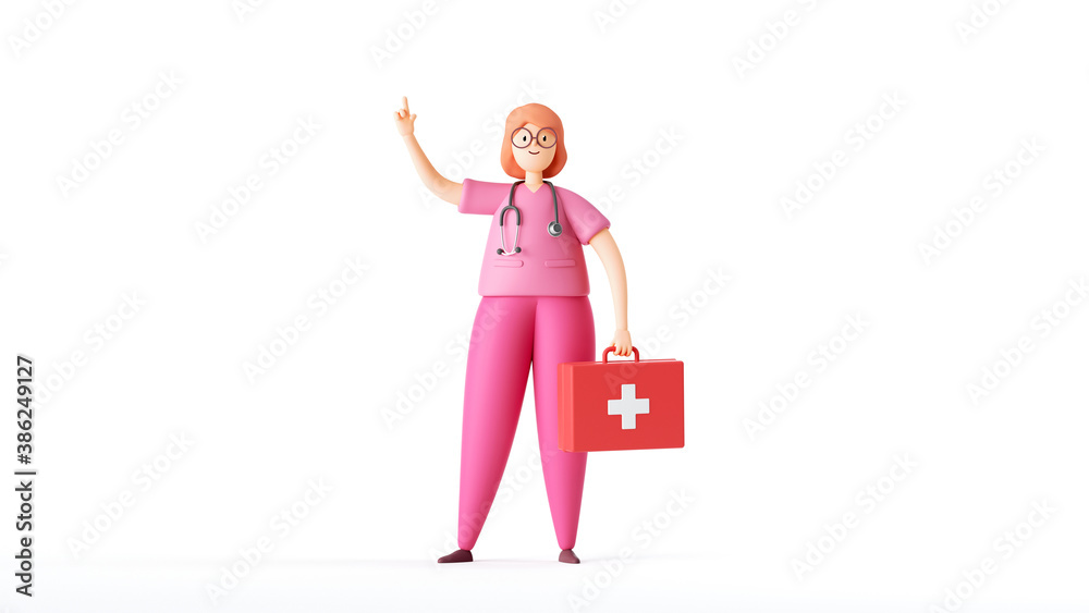 3d render, cartoon character woman doctor wears pink uniform, holds red ...