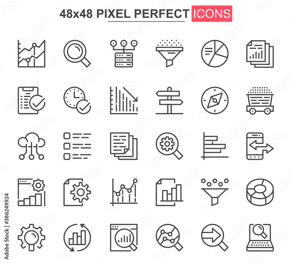 Big data analysis thin line icon set. Data processing outline ...