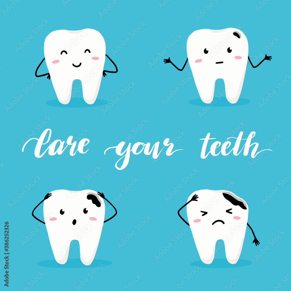 Set of happy and bad tooth character with face. Dental kawaii style ...