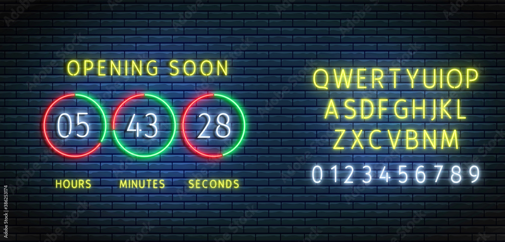 Neon Countdown timer. clock counter with font. Opening soon board. Vector. Illuminated hours ...