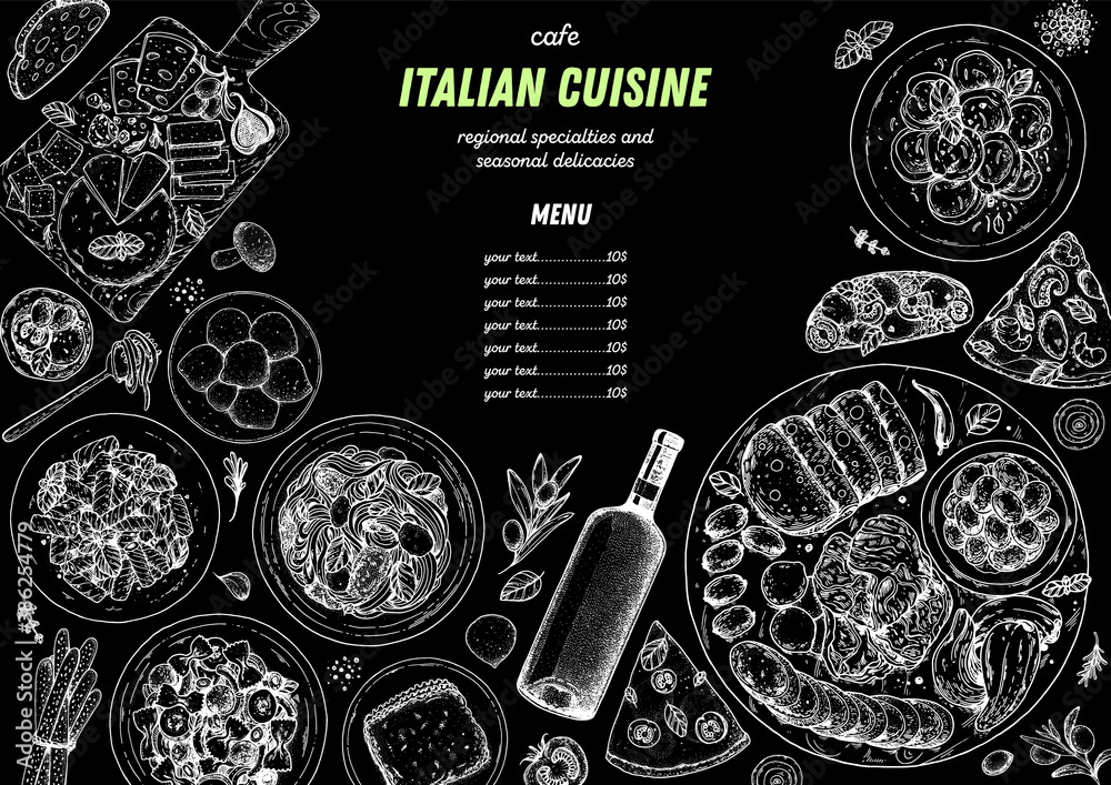 Italian Cuisine. Top view. Sketch illustration. Italian food. Design ...