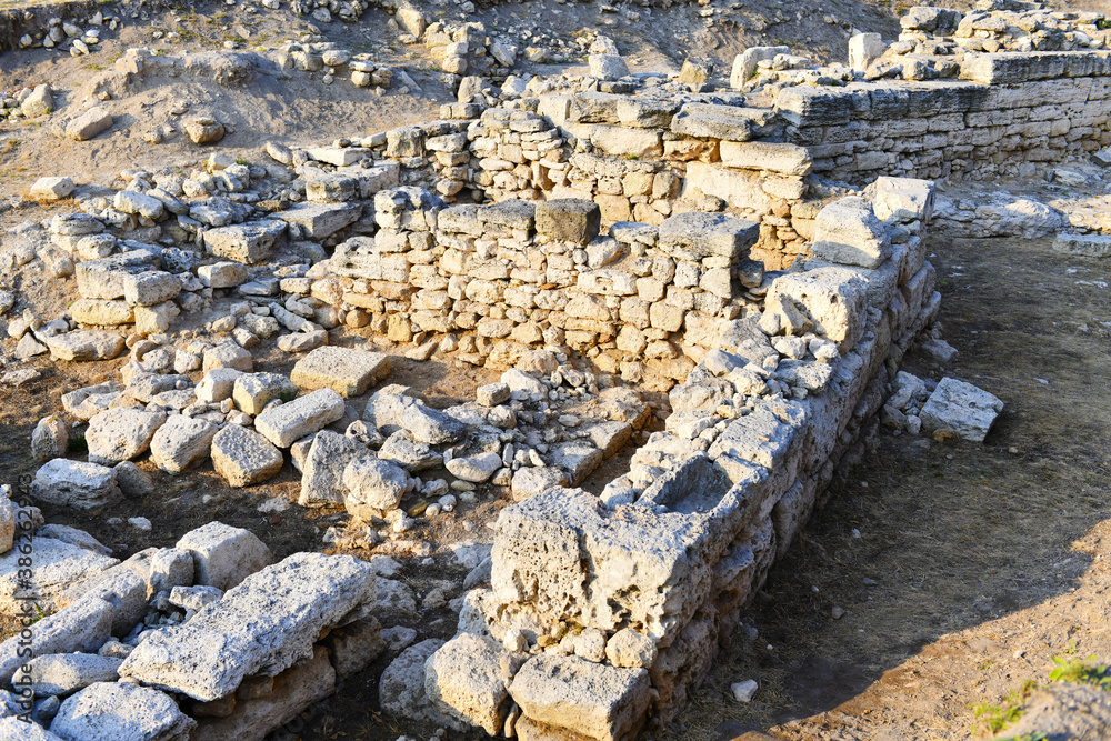 Archaeological excavations. Kalos Limen (ancient Greek Κᾰλός Λῐμήν) is ...