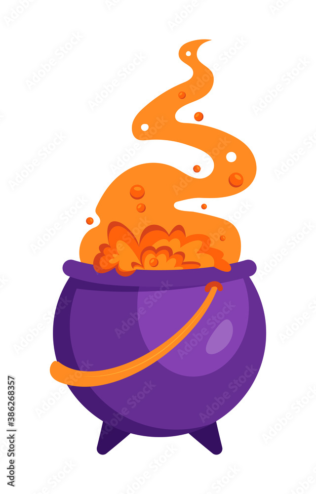 Halloween witches cauldron with bubbling orange liquid and smoke ...
