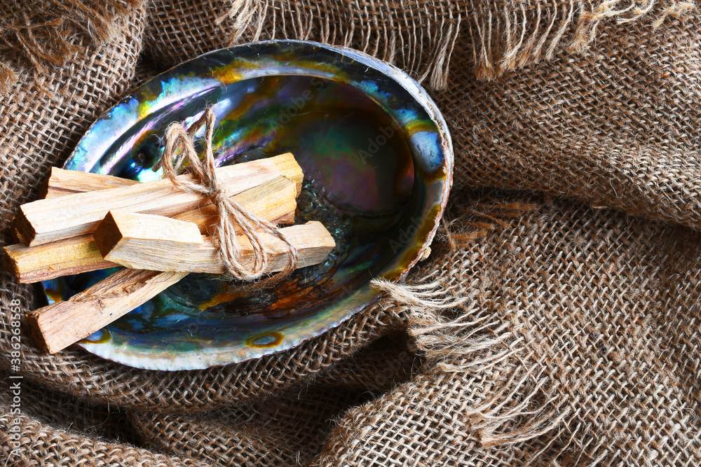 A close up image of palo santo smudge sticks in an abalone shell with ...