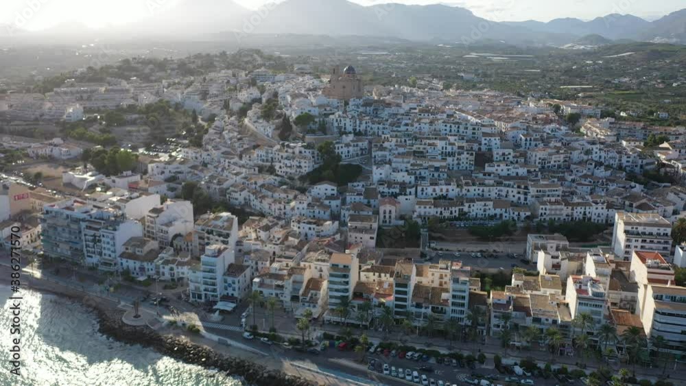 Picturesque view from drone of white buildings with brownish tiled ...