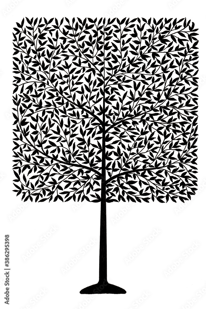 Simple square tree drawing using ink pen in silhouette style for icon ...
