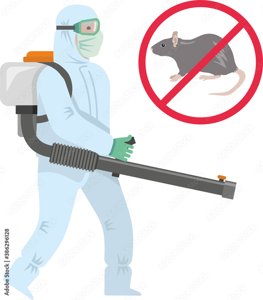 A disinfectant in special clothing and with equipment carries out ...