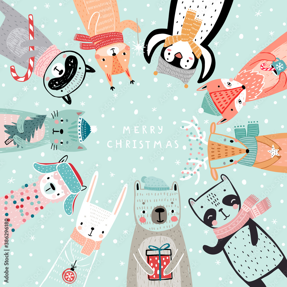 Christmas card with animals, hand drawn style. Woodland characters ...