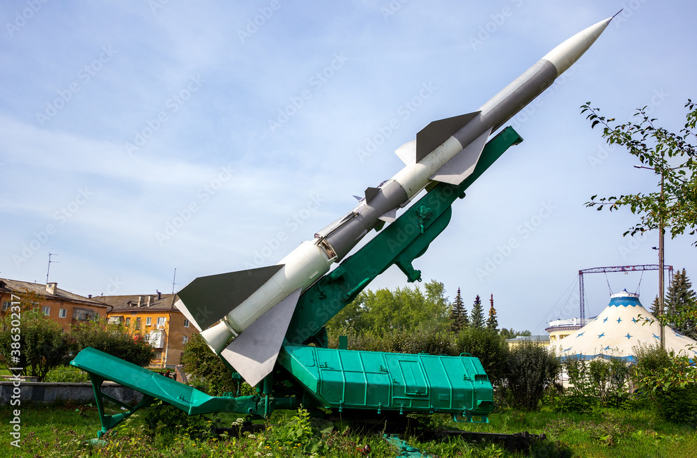 Defense forces weapon. Antiaircraft missles rocket with warhead aimed ...
