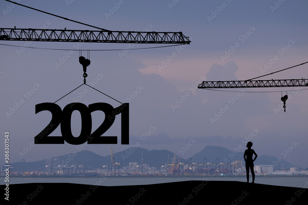 Concept Happy new year Silhouette of engineer and construction to ...