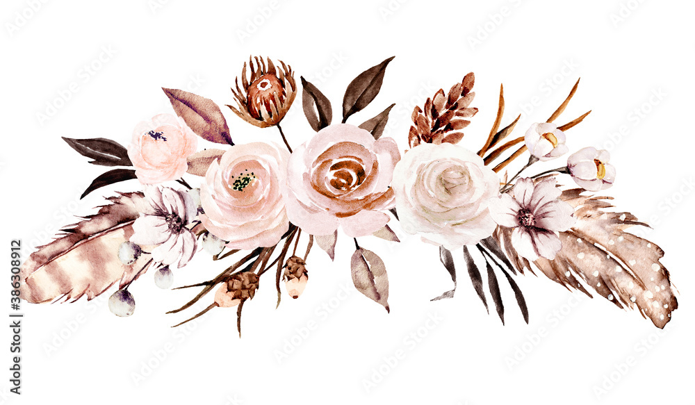 Flowers watercolor, floral beige and brown illustration. Perfectly for ...