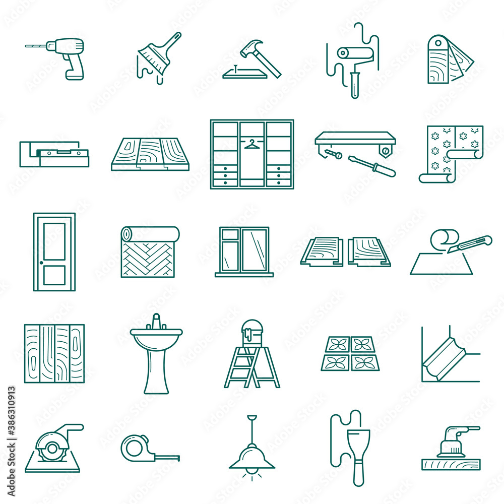 Hand drawn home renovation icons set. Screwdriver screwing window ...