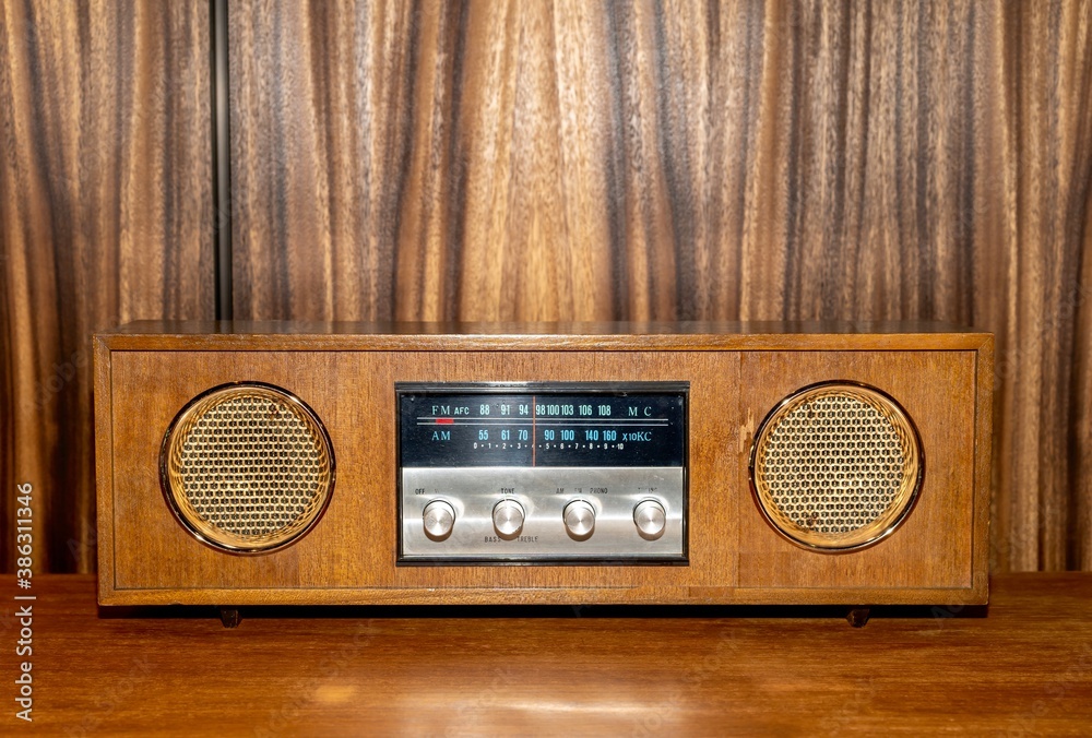 1970s vintage radio isolated with wood panelling backdrop Stock Photo ...