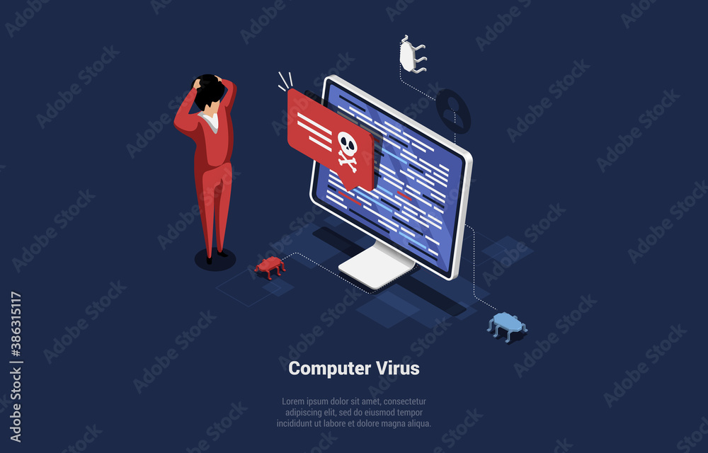 Concept Vector Illustration Of Computer Virus Alert. Cartoon Isometric ...