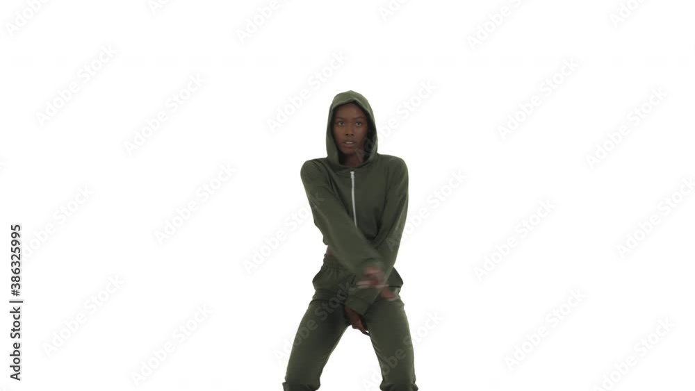 African American woman wearing in hood dancing using national afro ...