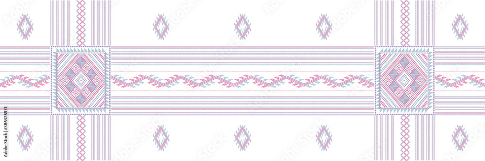 Seamless pattern based on Tai Dum tribal embroidery pattern. Pastel ...