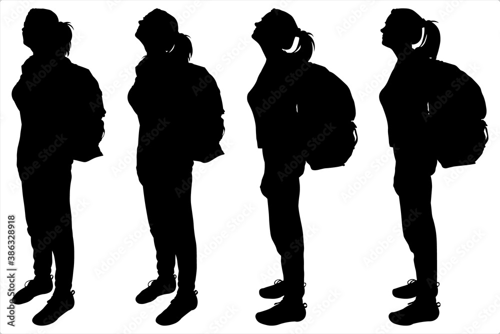 Tourists with backpacks on their backs. Side view, profile. Girls on a ...
