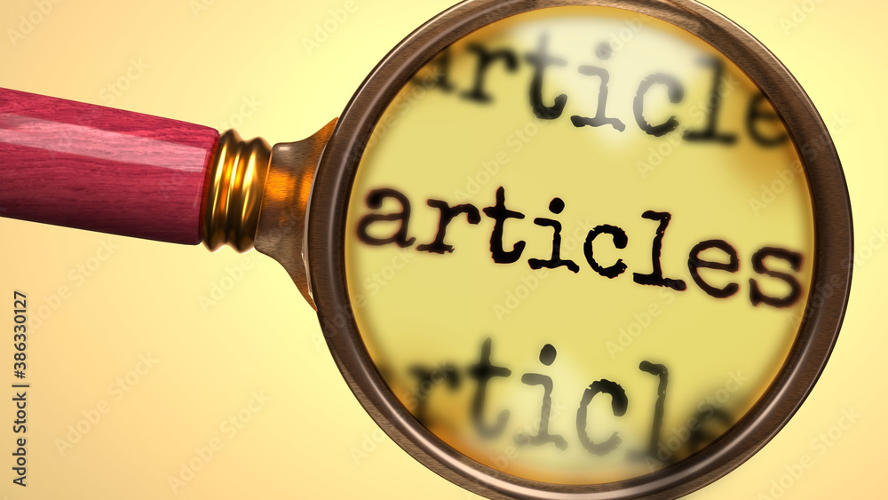 Examine and study articles, showed as a magnify glass and word articles ...
