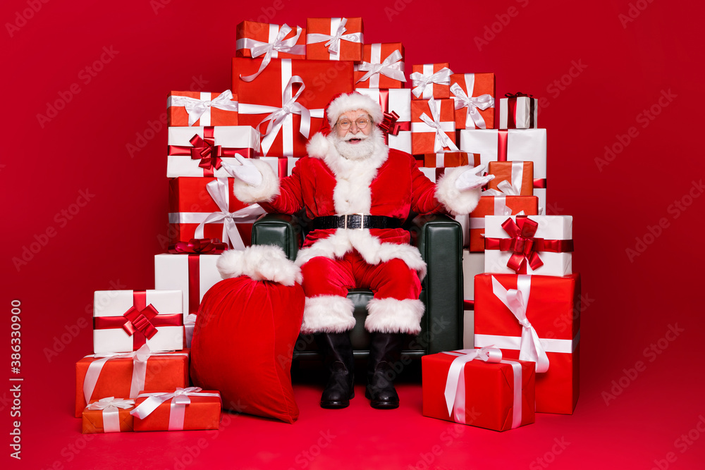 Full length body size view of his he handsome fat cheerful cheery Santa ...