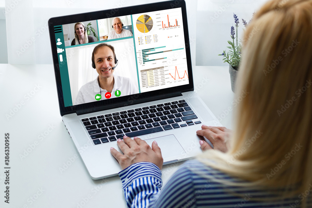 Headshot screen application view of diverse multiracial employees have ...