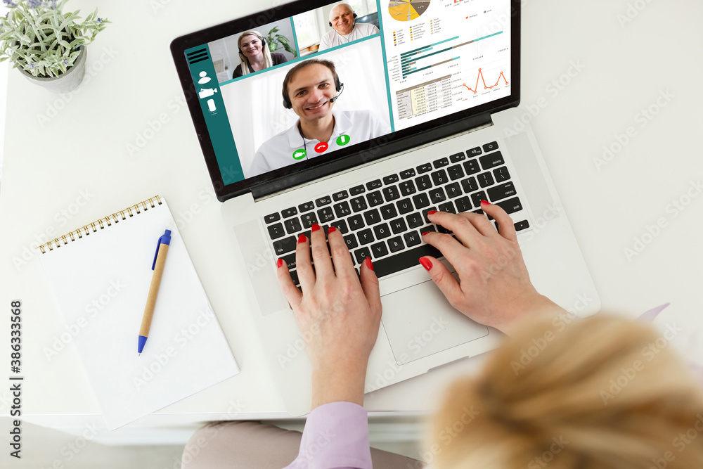 Headshot screen application view of diverse multiracial employees have ...