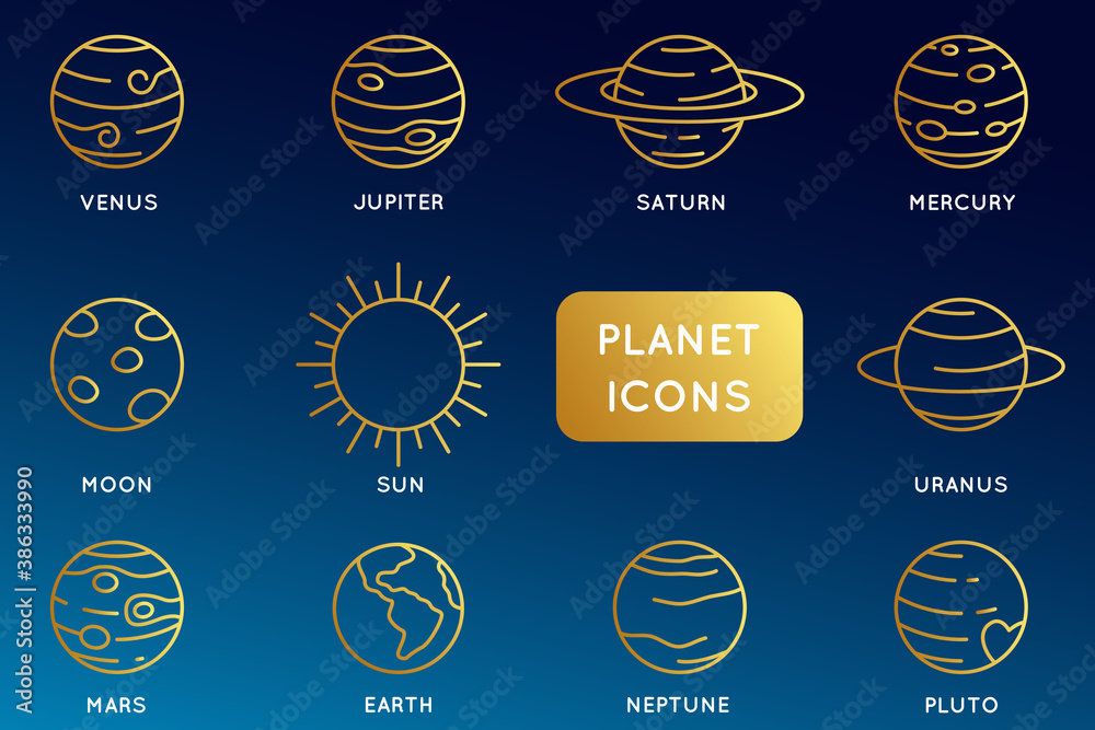 Vector set of linear icons related to planets of solar system. Mono ...