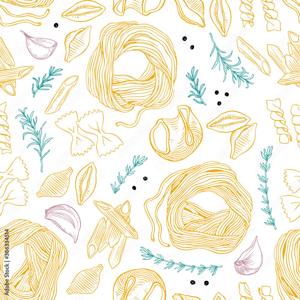 Hand drawn pasta seamless vector pattern. Spaghetti and other kinds of ...