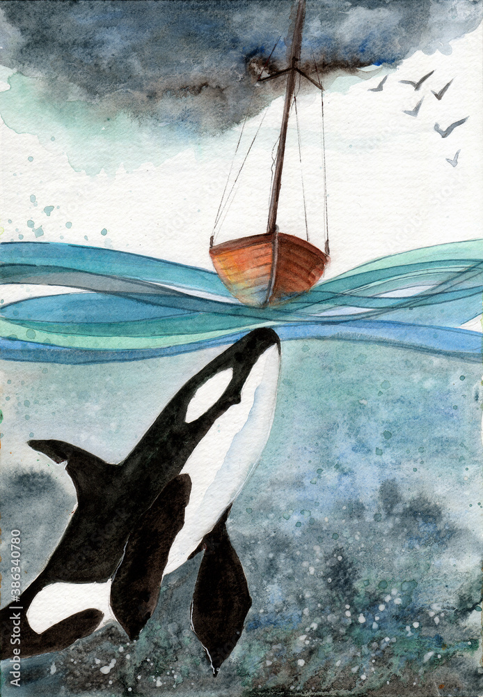 Watercolor cartoon illustration of an orca in the blue sea with the ...