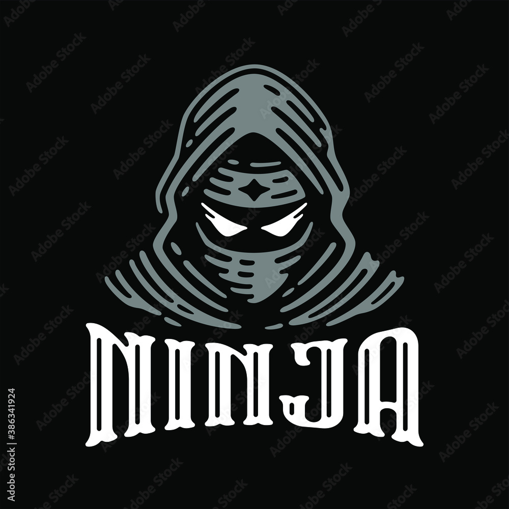 Ninja assassin mascot logo on dark background, ninja head in doodle ...