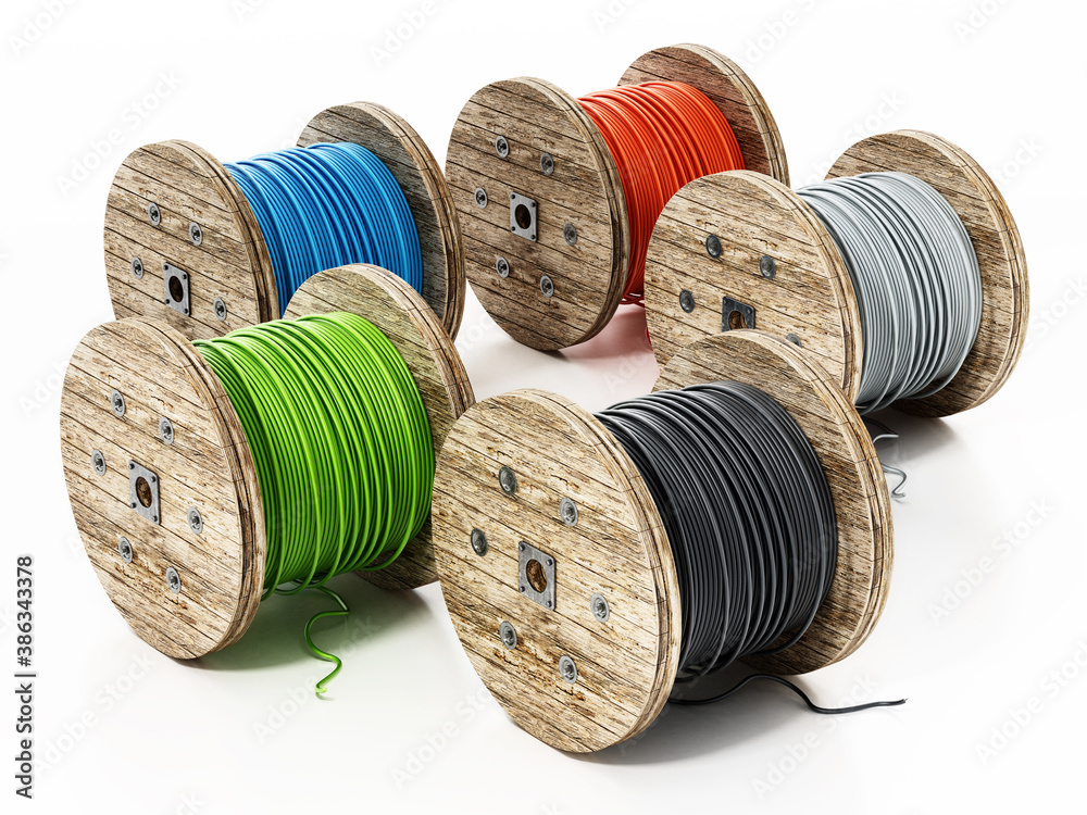Large spools of colored cables isolated on white background. 3D ...