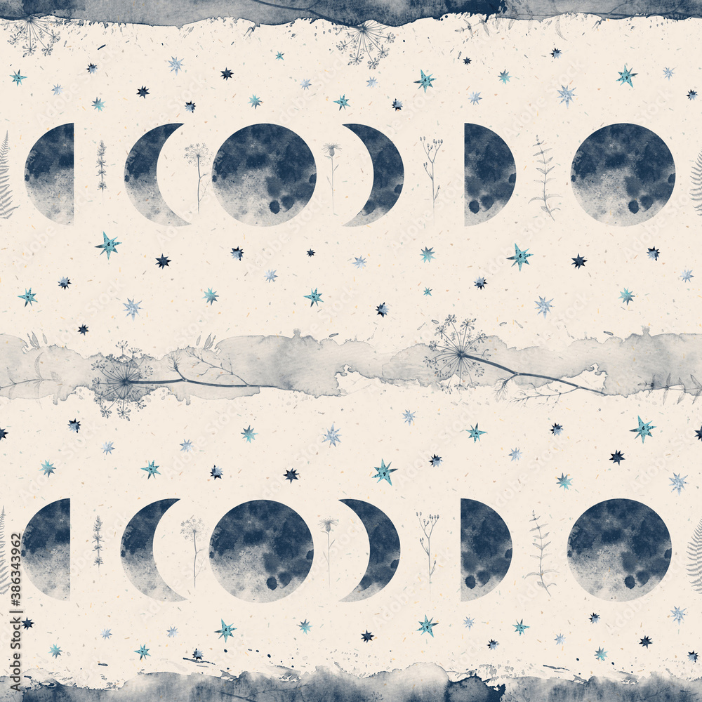 Seamless creative watercolor pattern with moon phases, stars and ...