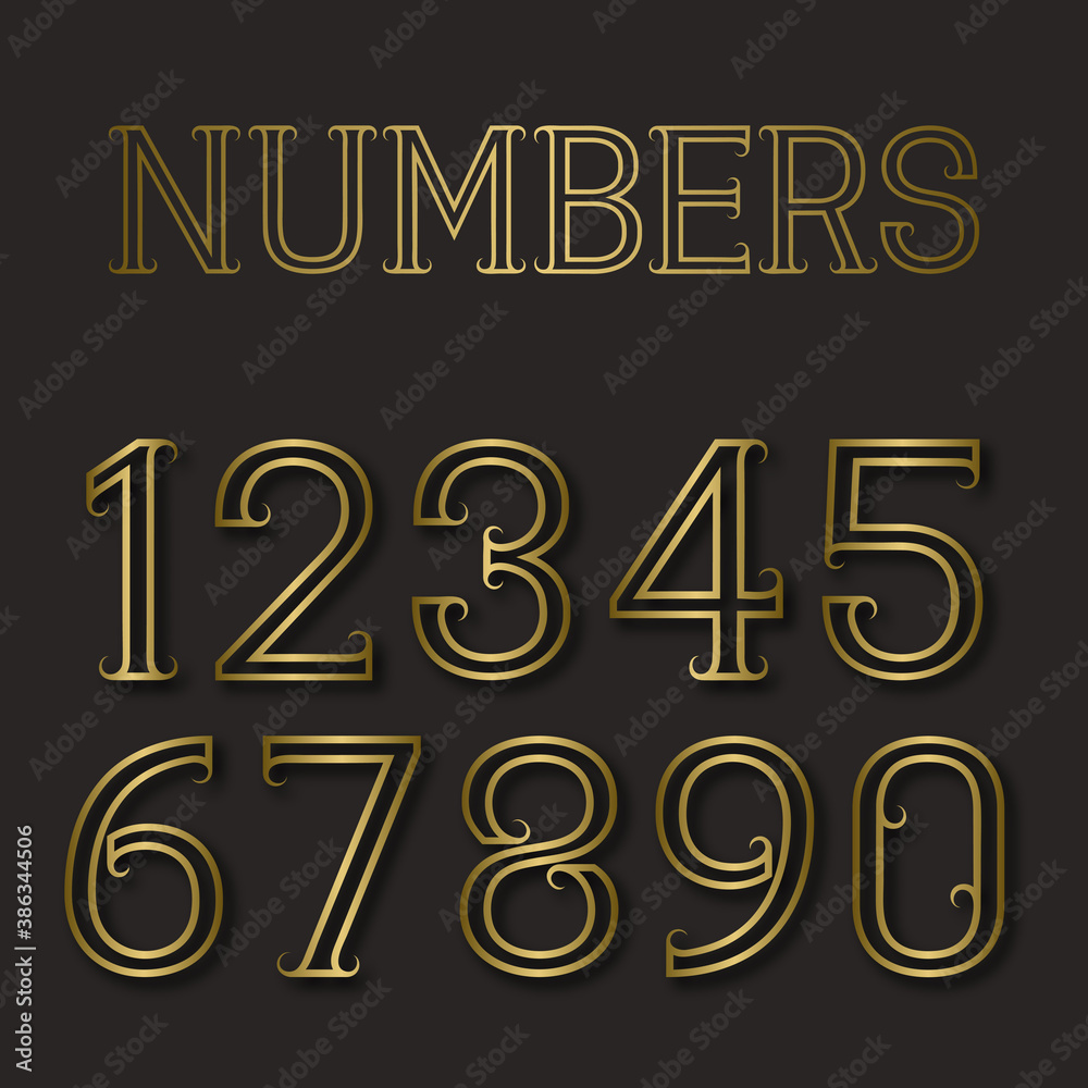 Shiny golden numbers with shadow. Outline font with flourishes in art ...