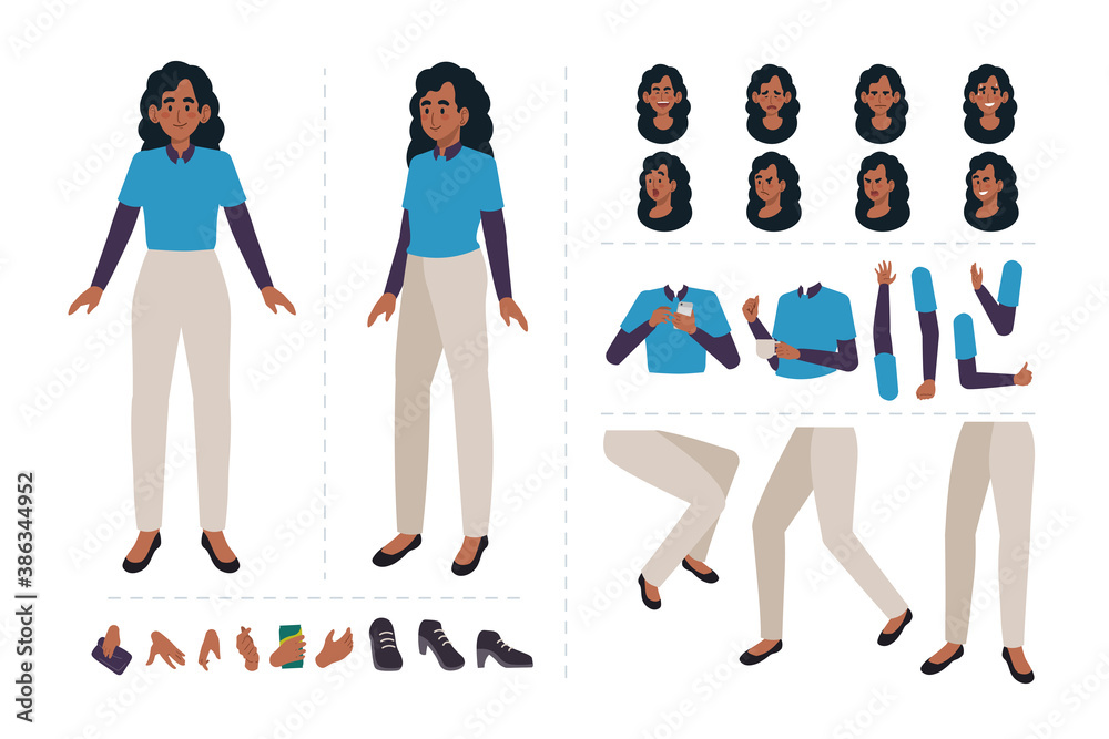 Woman cartoon character for motion design with facial expressions, hand ...
