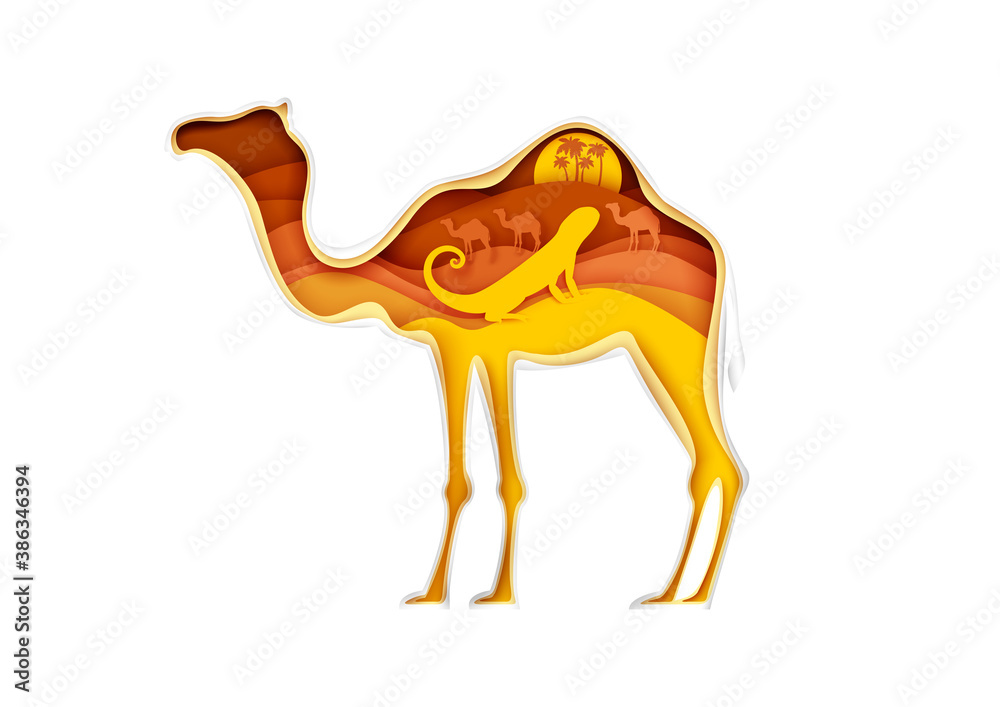 Camel silhouette with Sahara desert landscape, lizard, caravan inside ...