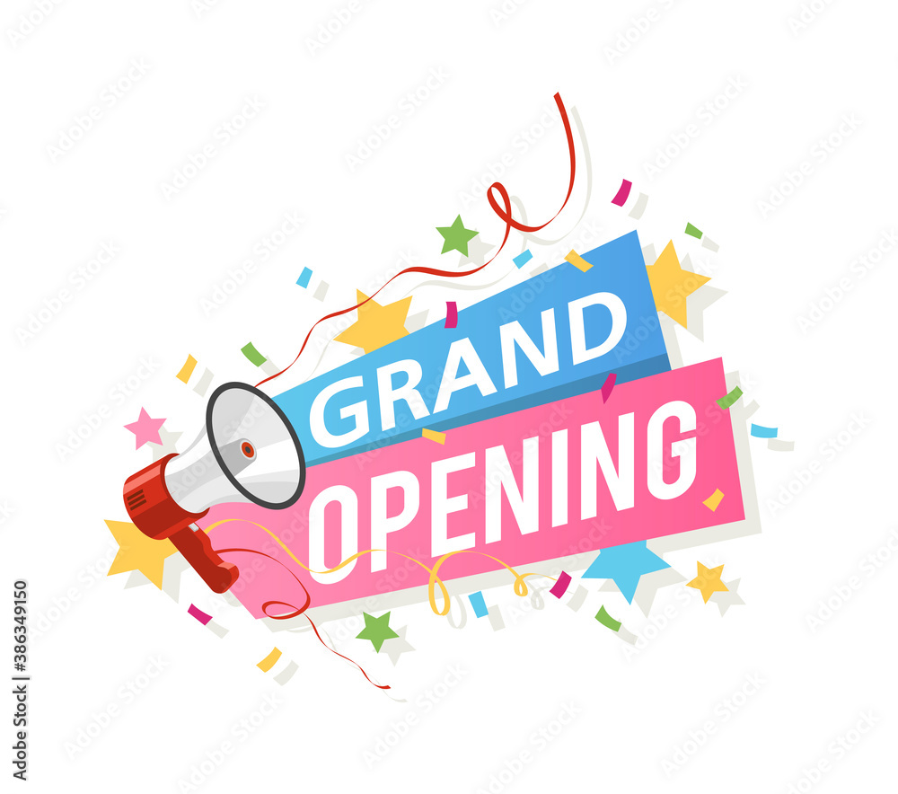Grand opening banner. Promo flyer with megaphone, ribbons and confetti ...