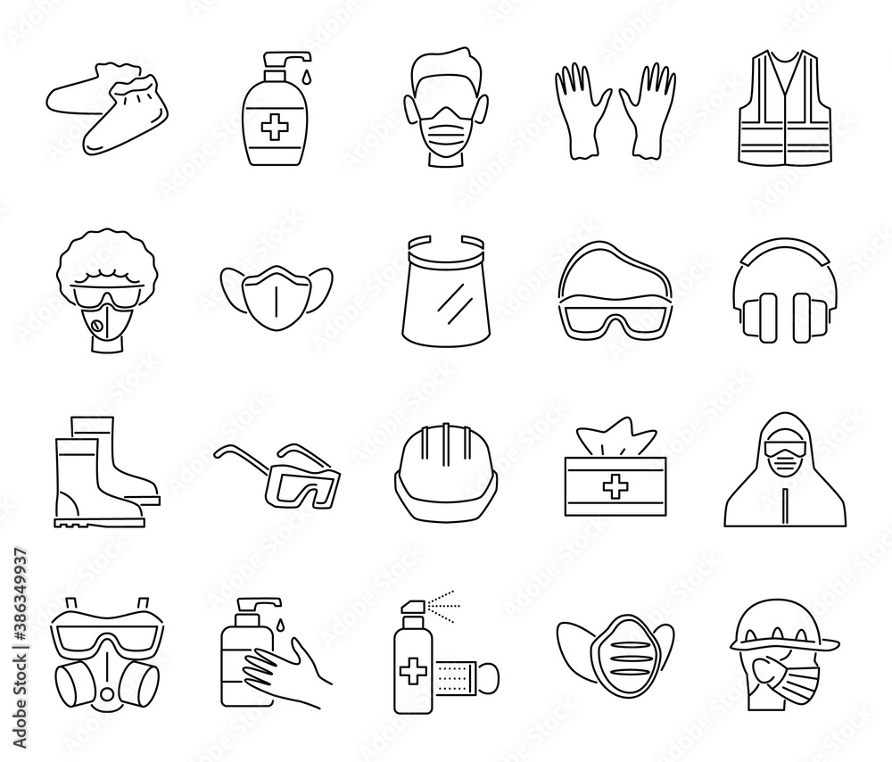Ppe line icons. Protection equipments, masks and goggles, doctor gown ...