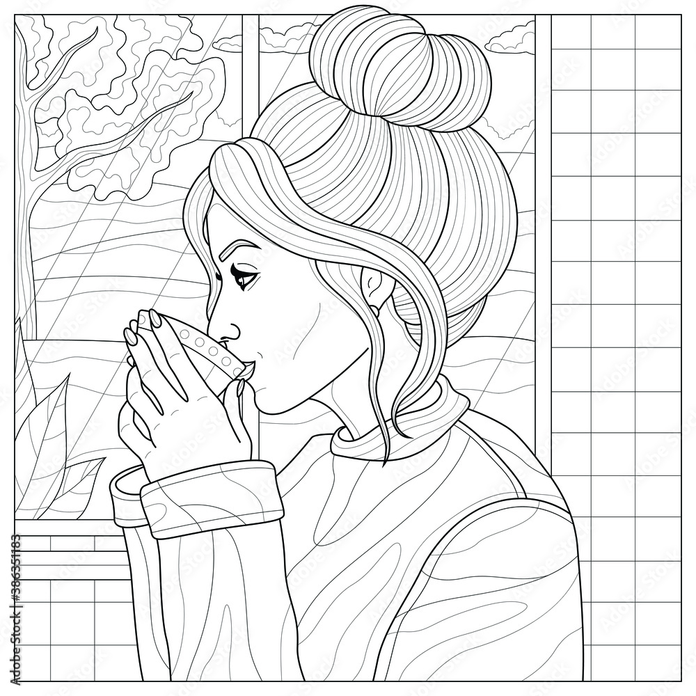 Girl drinking coffee by the window.Coloring book antistress for ...