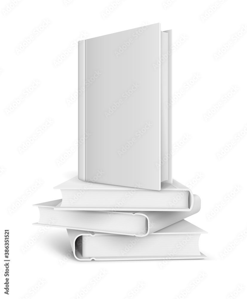 Book template with blank cover and pile of books. Isolated on white ...