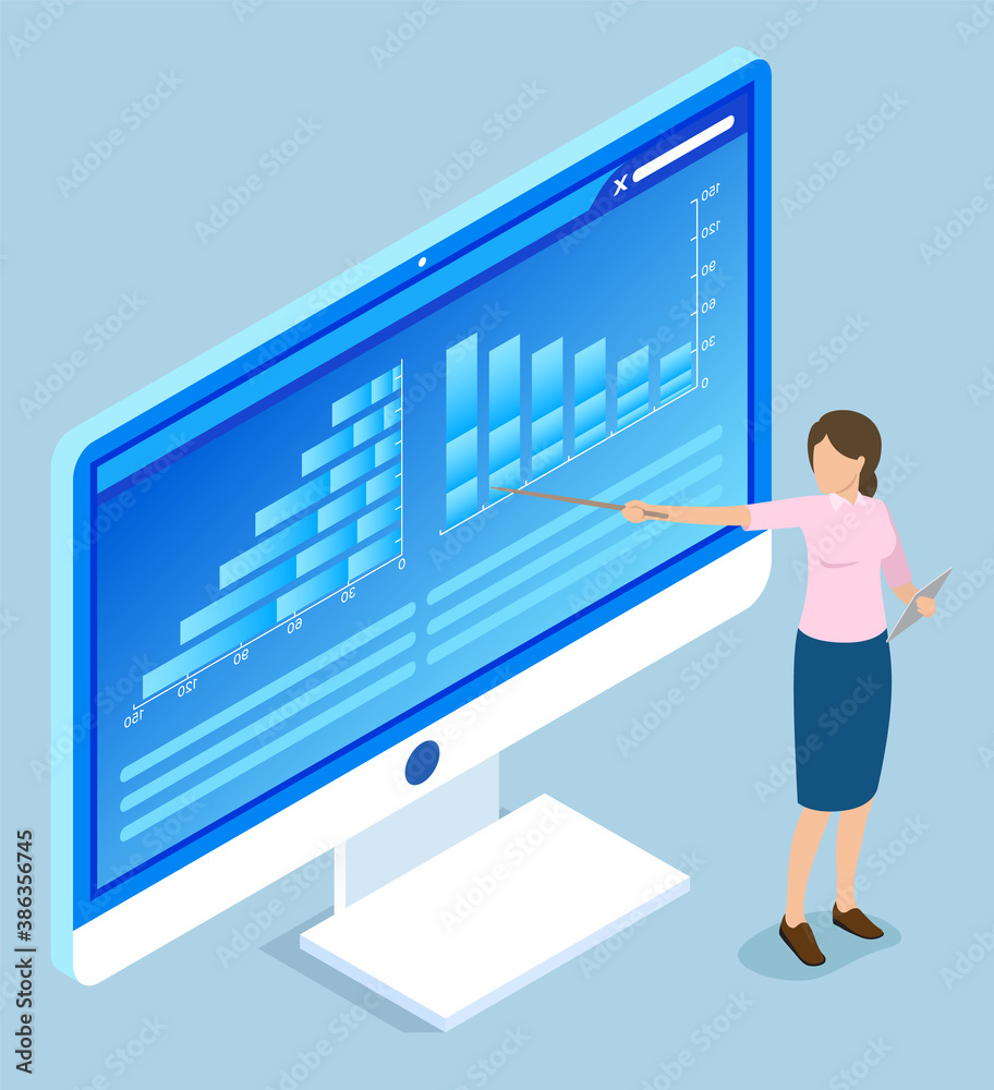 Female character holding pointer showing details of report and making ...