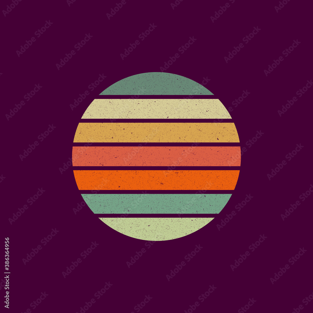 Retro sunset in 80-90s style with grunge texture. Graphic silhouette of ...