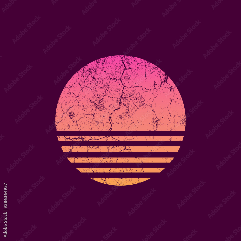 Retro sunset in 80-90s style with grunge texture. Graphic silhouette of ...
