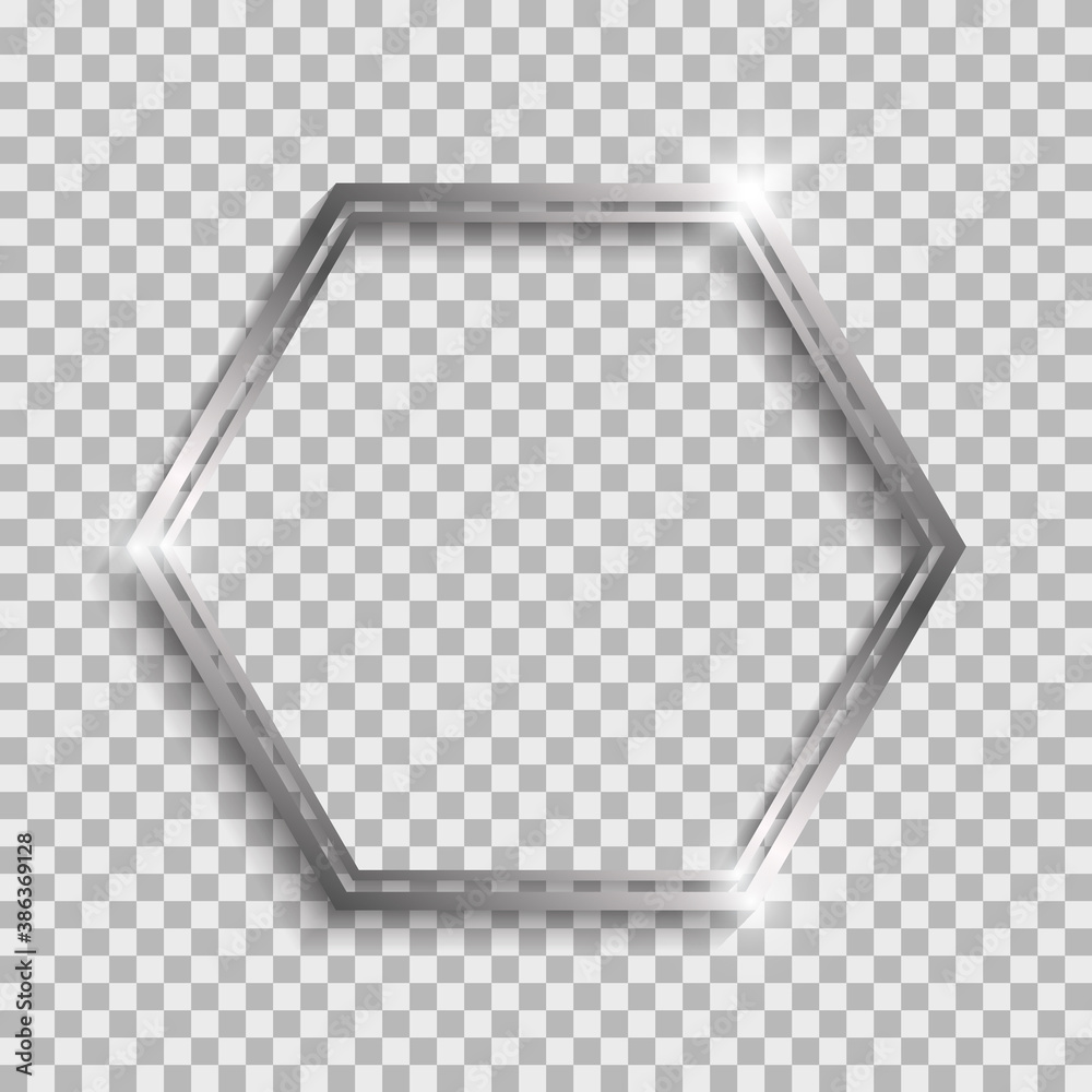Silver double hexagon frame with shadows and highlights isolated on a ...