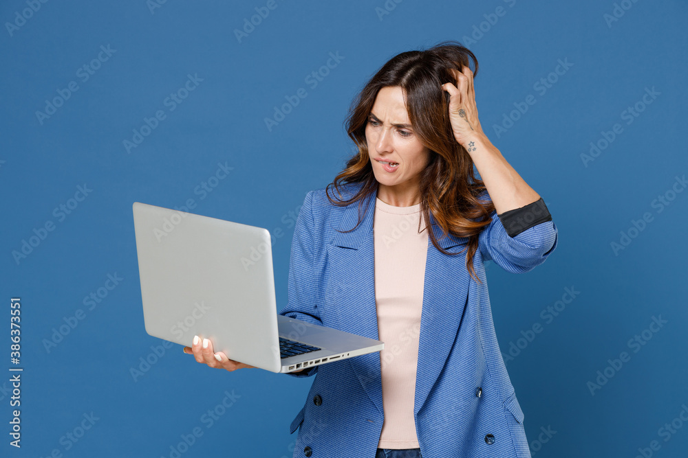 Preoccupied puzzled worried concerned young brunette woman 20s wearing ...