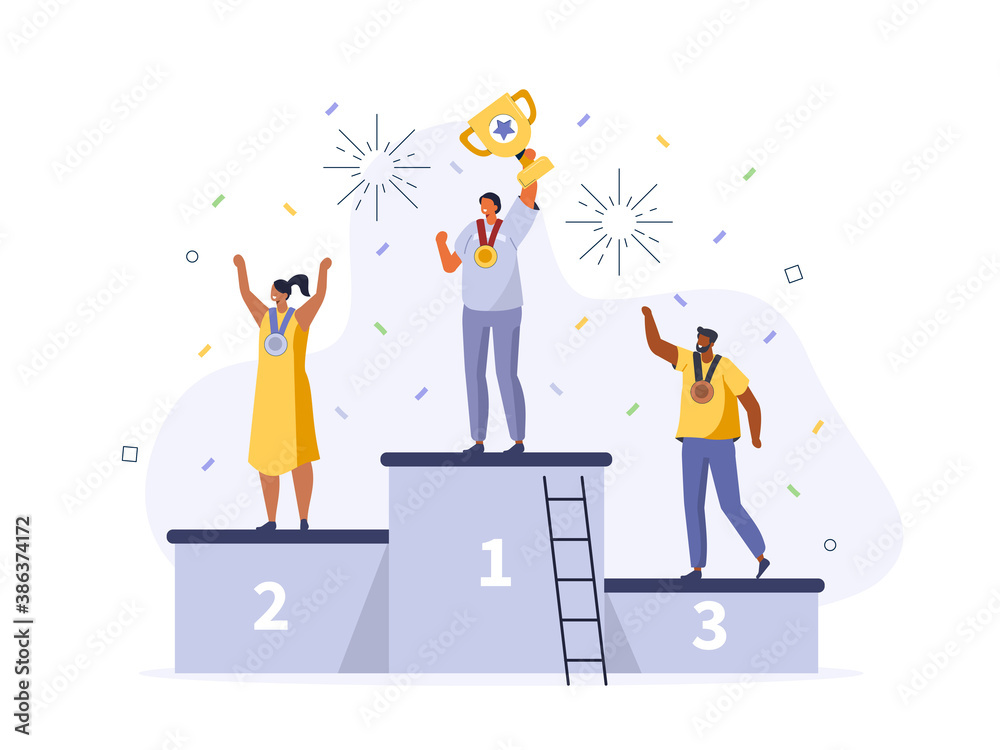 People Characters standing on Podium. Winner holding Gold Cup and ...